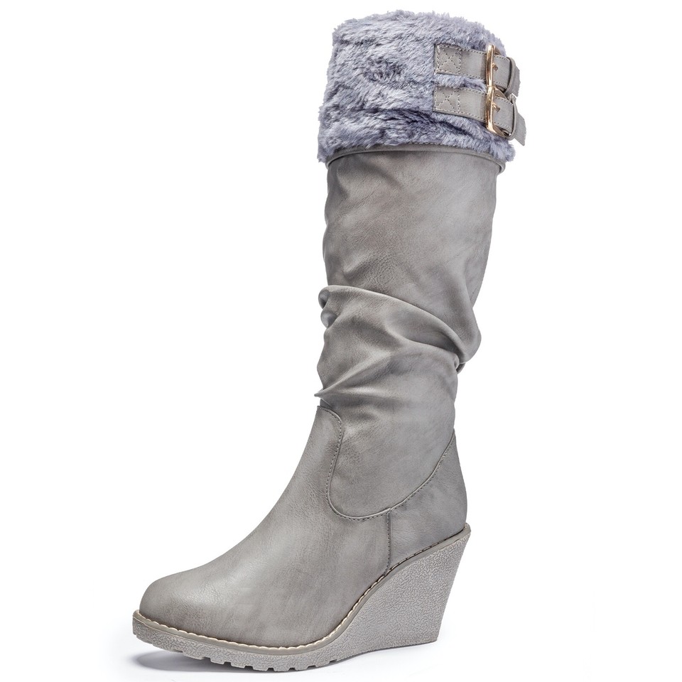 Womens Wedge Knee High Boots Fur Lined Zip Up Warm Ladies Winter Boots ...