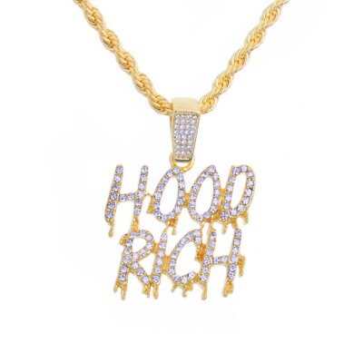 Iced Bling Hip Hop 18K Gold PT HOOD RICH Pendant 20" Rope Chain ...