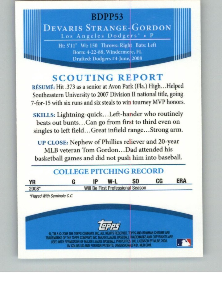 2008 Bowman Draft Picks & Prospects Devaris Strange-Gordon BDPP53 ...