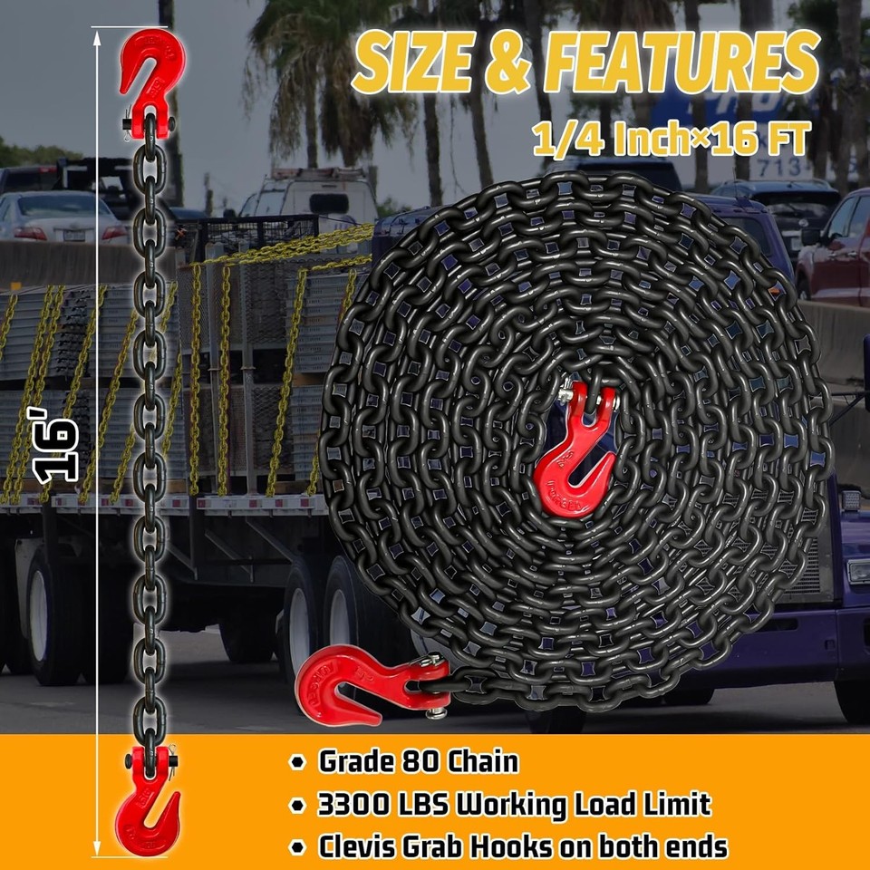 1/4" Tow Chain-G80 Transport Safety Chain 1/4 Inch×16FT, Oiled Black | eBay