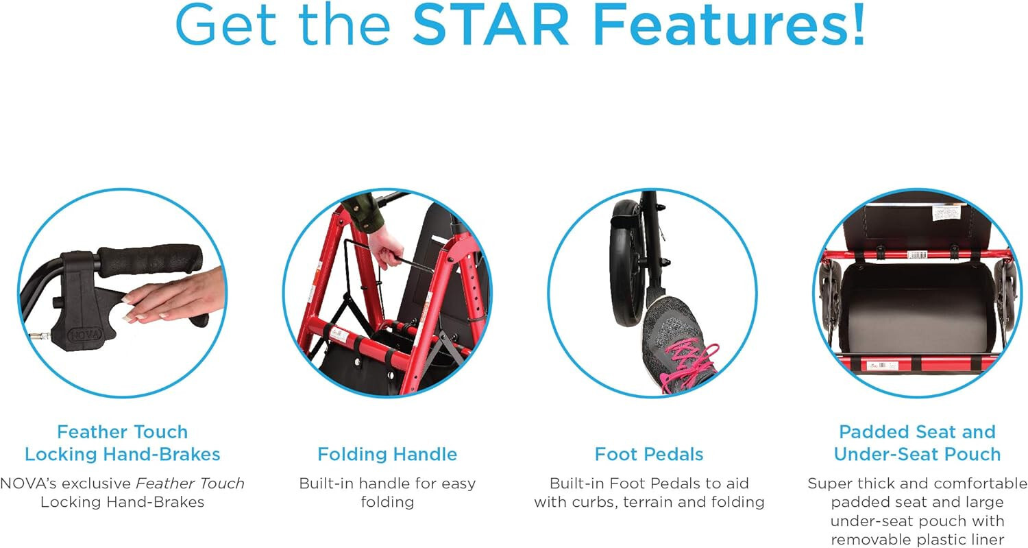 NOVA STAR 8 Rollator Walker w/Perfect Fit System Ltweight Folding ...