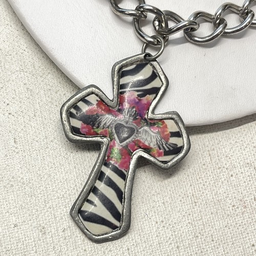 Red House Ranch Silver Tone Chunky Heart Zebra Print Heart Wing Pendant ...