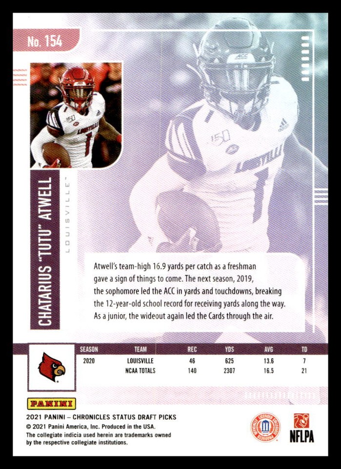 2021 Panini Chronicles Draft Picks #154 Tutu Atwell Louisville ...