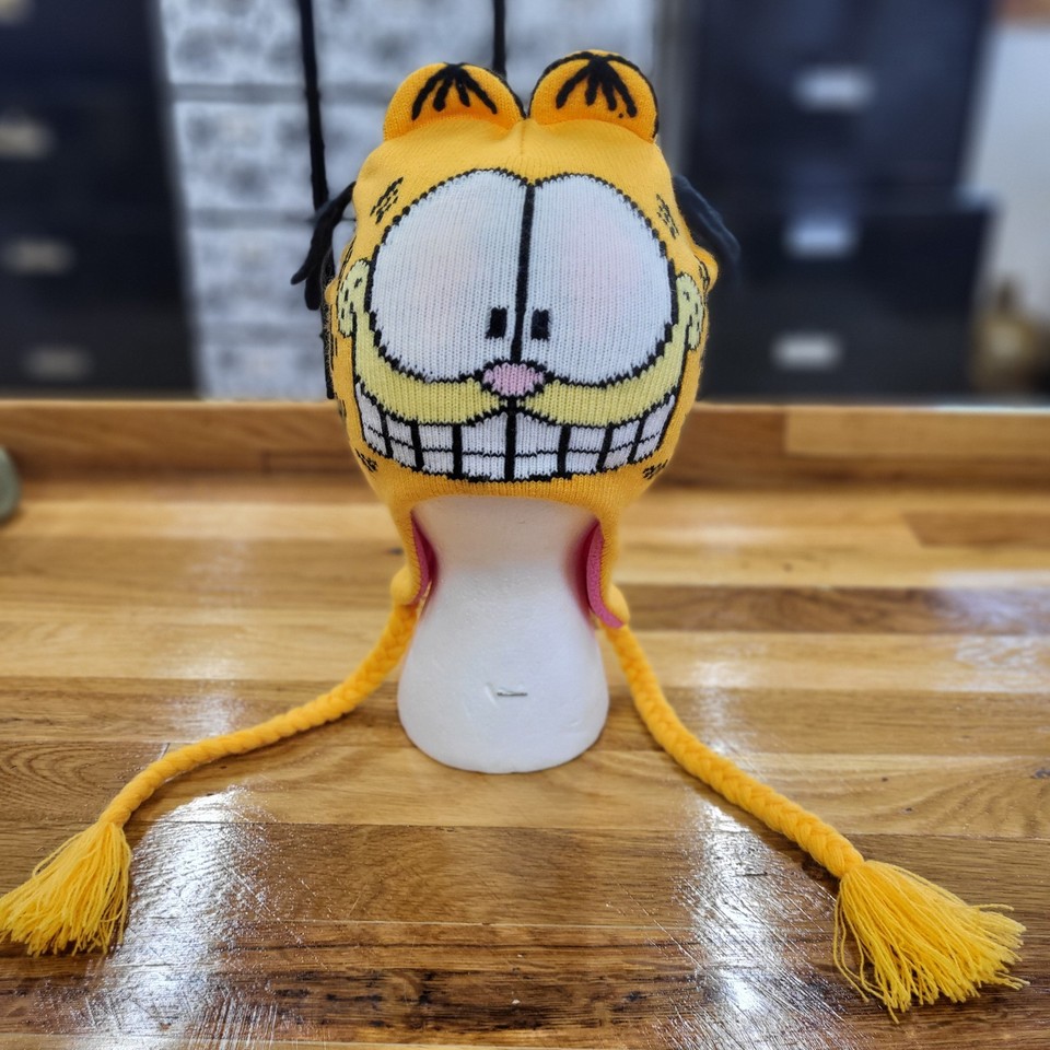 Garfield Beanie Hat, Peruvian Knit Cap w/ 3D Cat Ears Orange, One Size ...