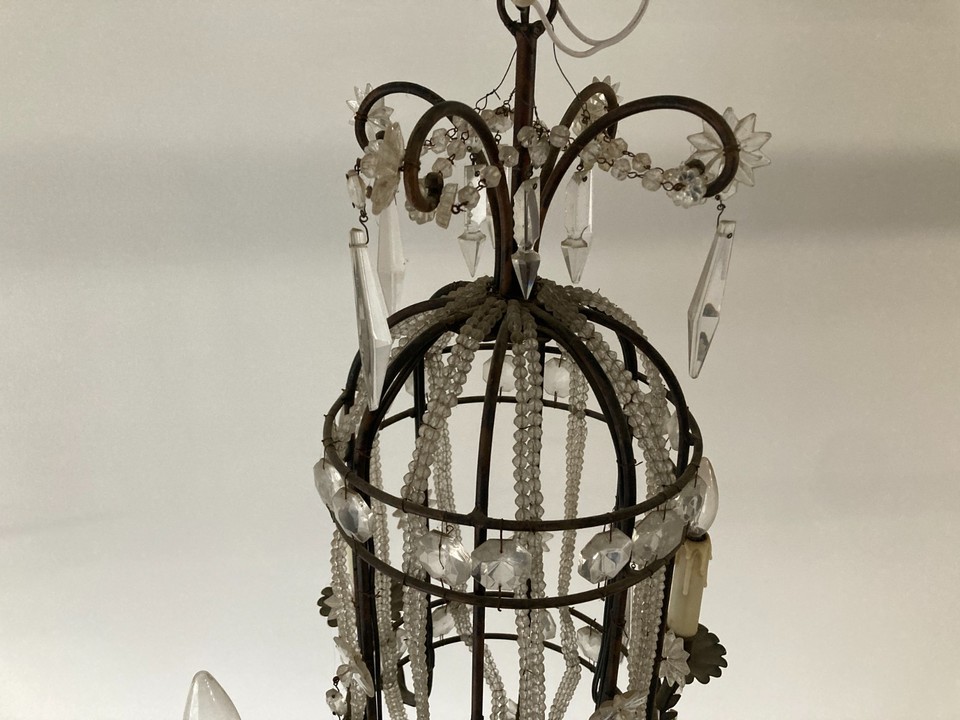 Antique 4 Bulb Chandelier Light Fixture Glass Beads Prisms Old Vtg 423 ...