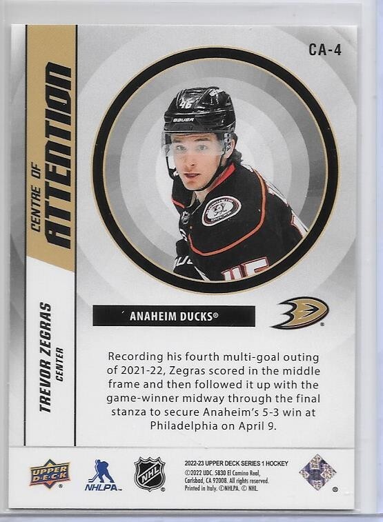 TREVOR ZEGRAS 2022-23 UPPER DECK #1 CENTRE OF ATTENTION SILVER SSP ...