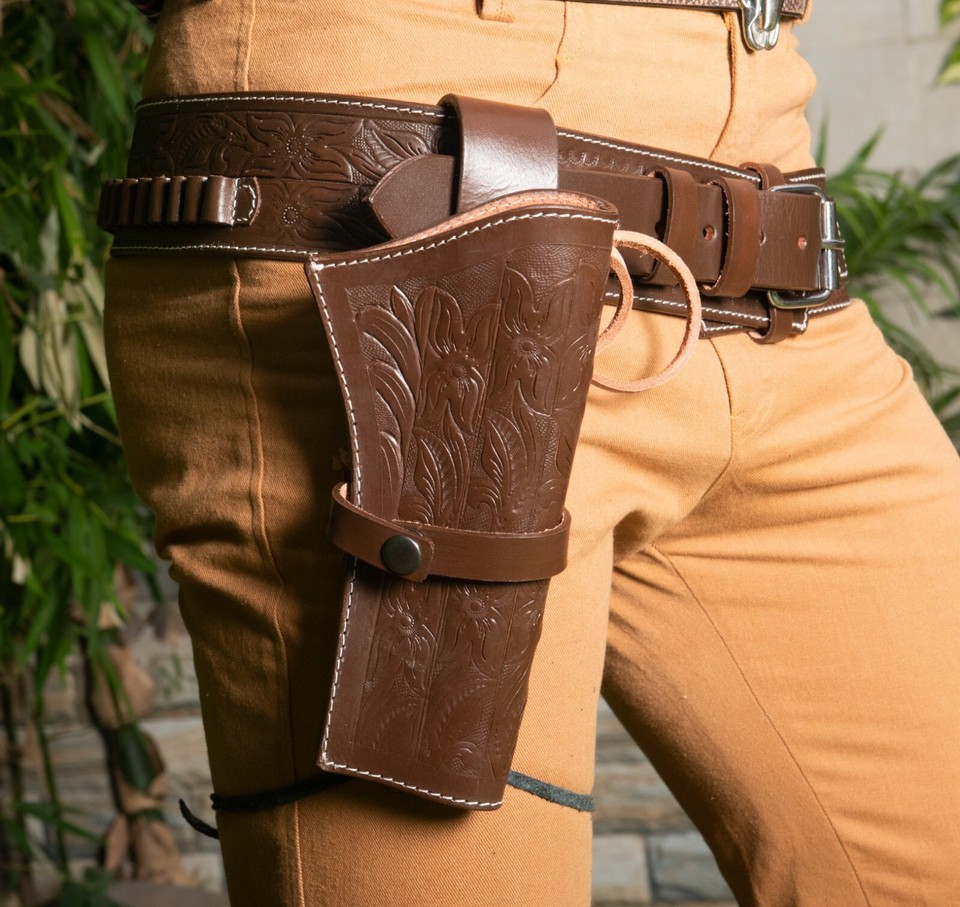 LEATHER WESTERN TOOLED GUN HOLSTER SASS DROP LOOP RIG SAA GUN HOLSTER ...