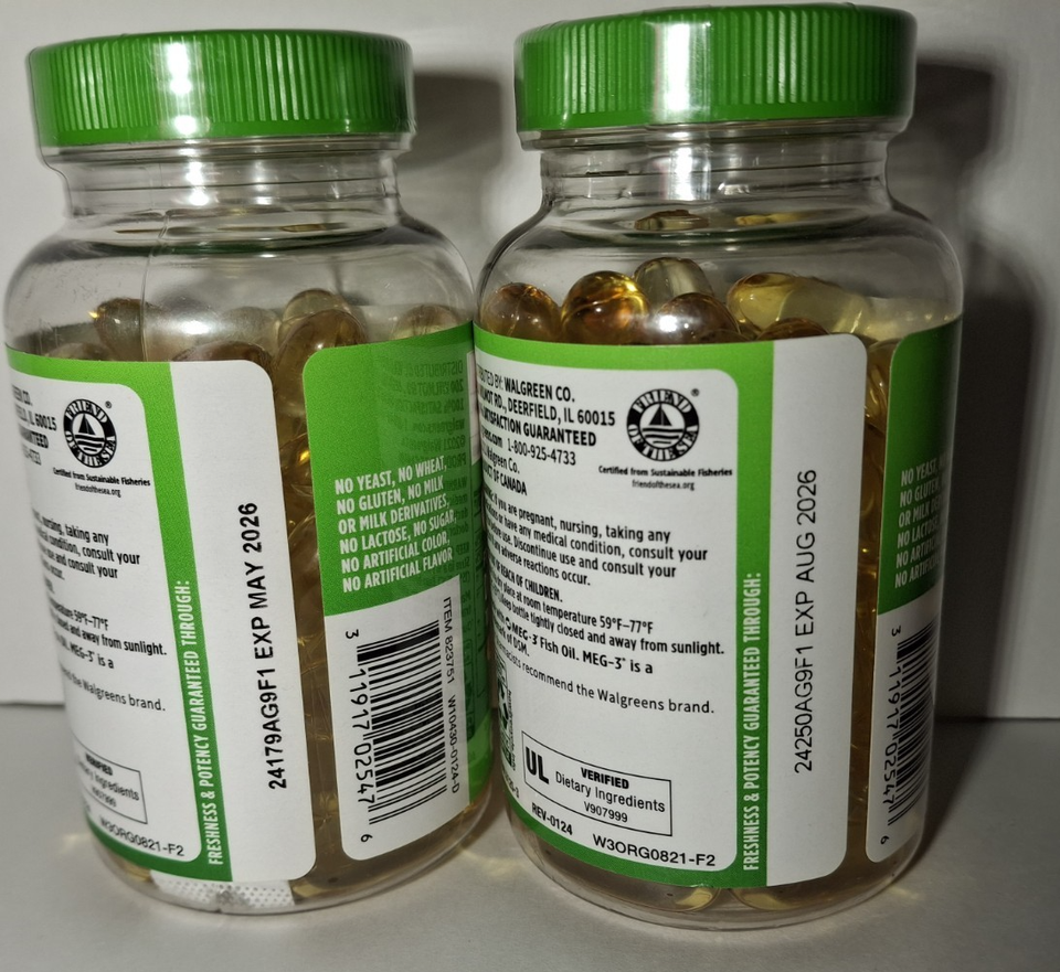 Walgreens Omega-3 Fish Oil 1000mg 4 bottles of 60 softgels (total of ...