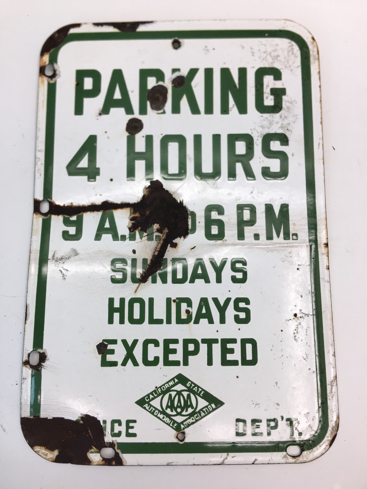 VINTAGE PORCELAIN 2-SIDED AAA 4HR PARKING STREET SIGN POLICE DEPT. 12 ...