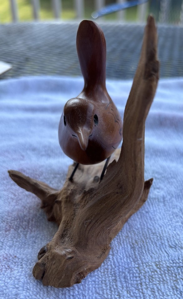 Wooden Hand Carved Wren on Driftwood Signed Randy Whaley 04 | eBay