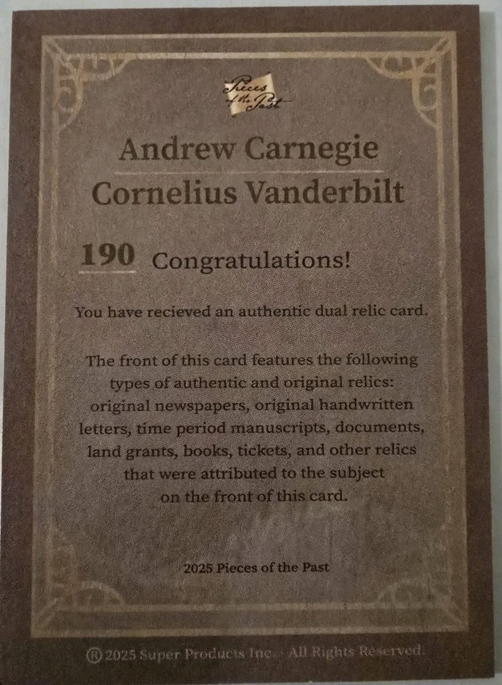 2025 Pieces of the Past Andrew Carnegie Cornelius Vanderbilt DUAL RELIC ...