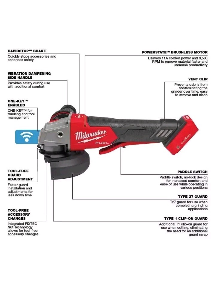 Milwaukee 2882-20 M18 FUEL 4-1/2" / 5" Paddle Switch Braking Grinder ...