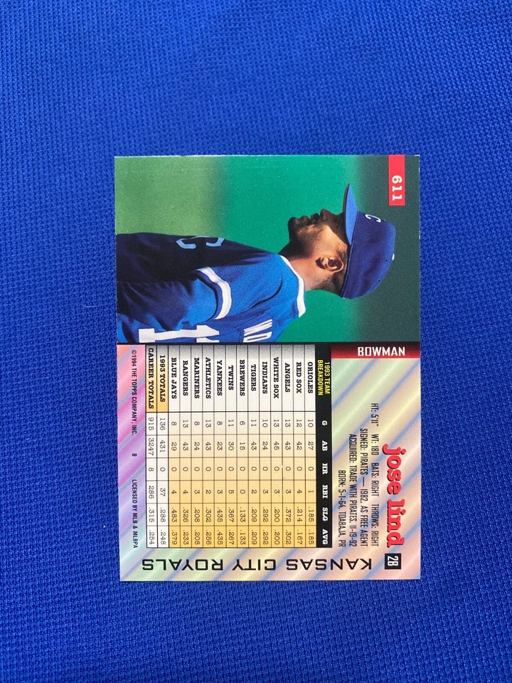 1994 BOWMAN JOSE LIND KC KANSAS CITY ROYALS SIGNED AUTOGRAPH CARD #611 ...
