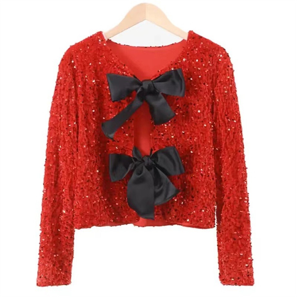 Women's Casual Sequin Jackets Bow Coats Christmas Sparkling Party ...