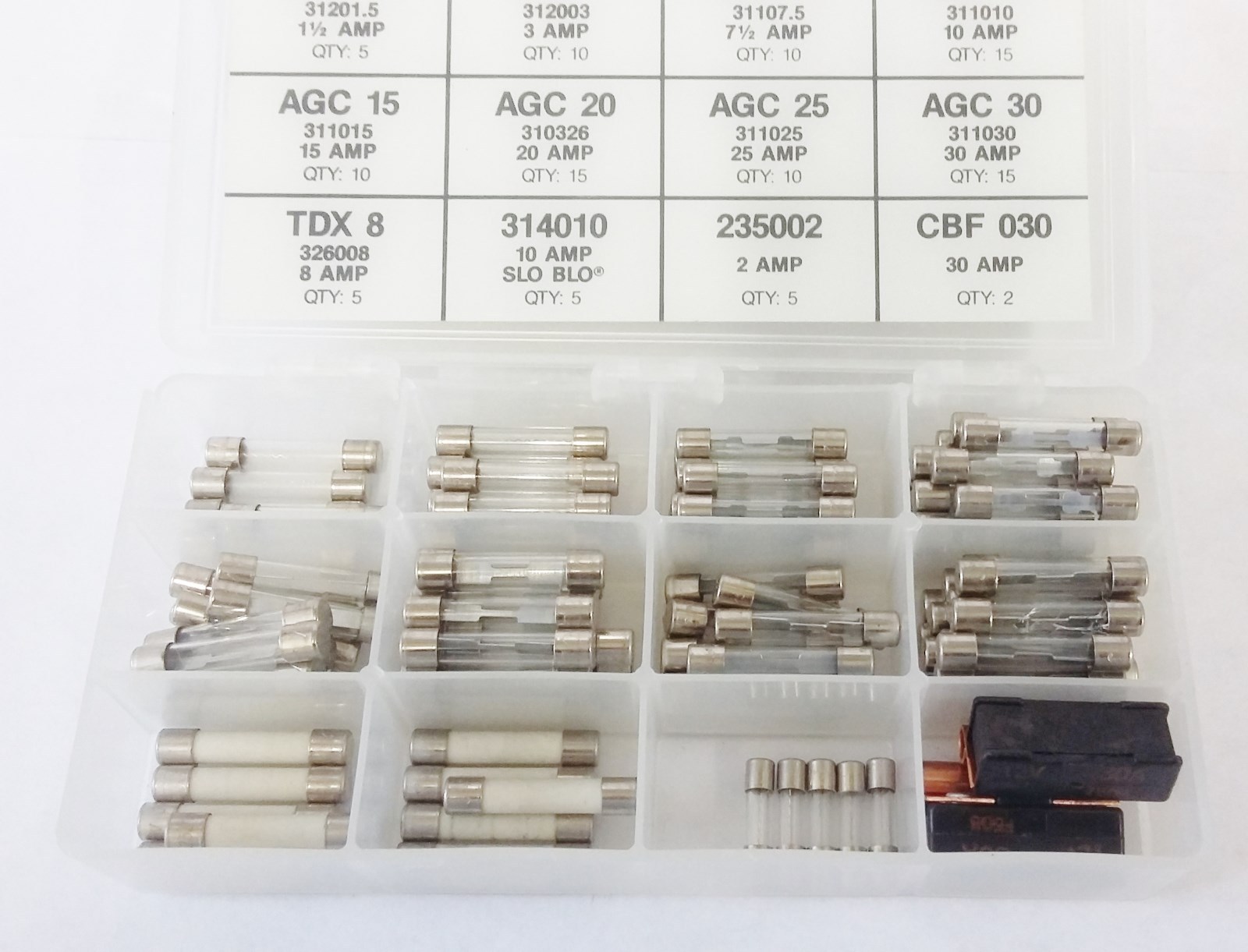 107 Assortment AGC Glass Buss Fuses Set Box 3 7.5 10 15 20 25 30 Amps ...
