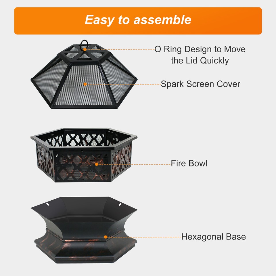 24" Heavy Steel Hex Shaped Fire Pit Wood Burning Outdoor Home Patio ...