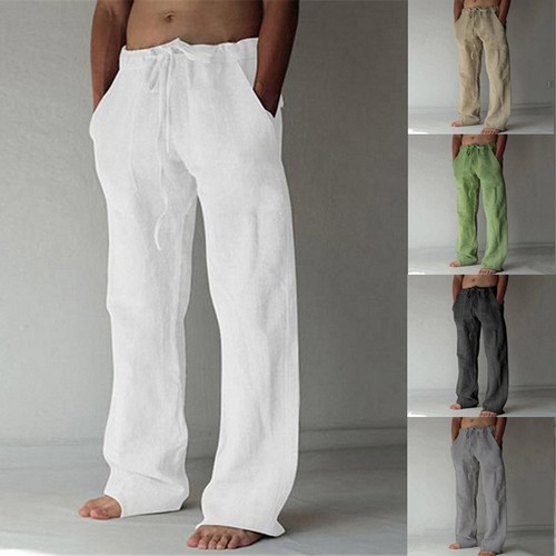Casual Men's Cotton Linen Pants Drawstring Trousers Comfort Loose Wide ...