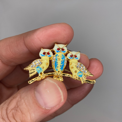Vintage PWC 3 Owls Brooch Pin Rhinestones Enamel Yellow Gold Tone Red ...