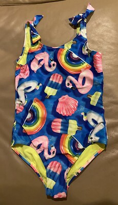 Justice sz 12 pool float FLAMINGO bikini rainbow sea shell One Piece ...
