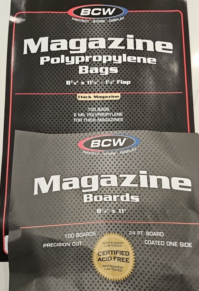 25 BCW Premade Magazine Clear Poly Bag + Acid Free Backer Board Combos ...