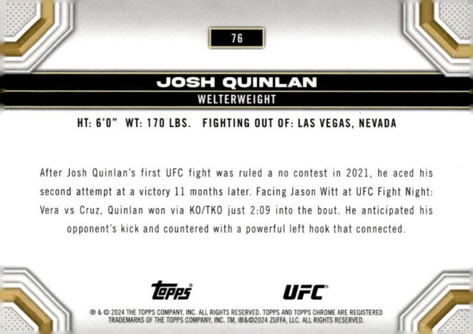 JOSH QUINLAN RC 2024 Topps Chrome UFC /299 Refractor Speckle #76 ROOKIE ...