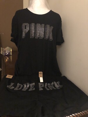 Victoria's Secret Pink Bling Rhinestone Tee Shirt + Shorts Set Black ...