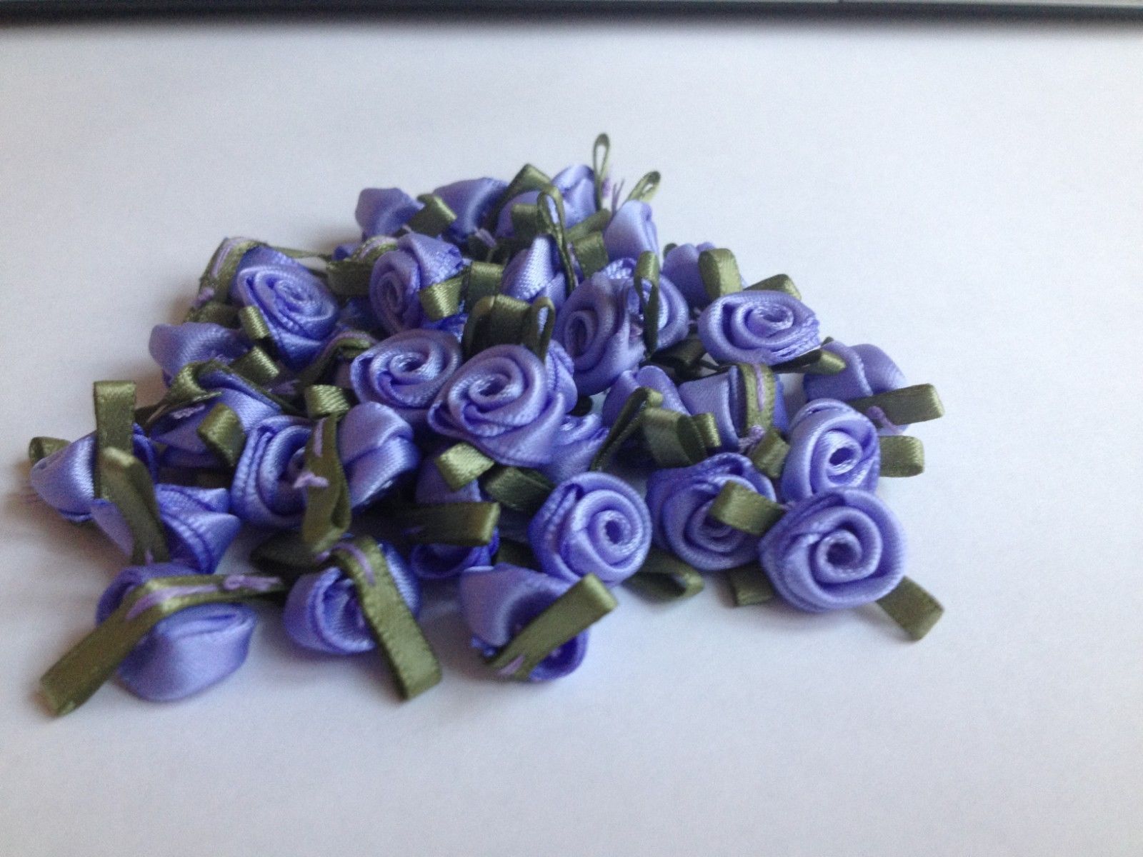 SMALL MINI SATIN RIBBON ROSE BUDS FLOWERS WITH SATIN GREEN LEAVES ...