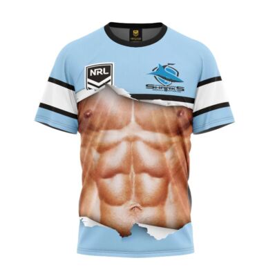 CRONULLA SHARKS NRL TEAM LOGO 'RIPPED' SIX PACK MUSCLES TEE SHIRT T ...
