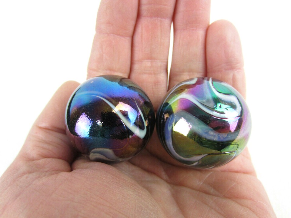 2 BOULDERS 35mm SUPERNOVA Milky Way Marbles glass oil slick LARGE HUGE ...