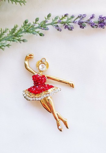 (W) vintage Ballerina Ballet Dancer Red Clear Cluster Rhinestone Gold ...