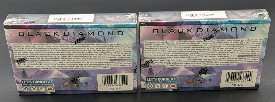 LOT of (2) 2025-26 Upper Deck Black Diamond Hockey Hobby Boxes Sealed ...