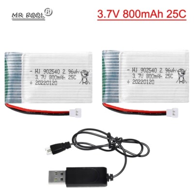 2Pcs 3.7V 902540 Lipo Battery 800mAh XH2.54 w/ USB Charger For RC Drone ...