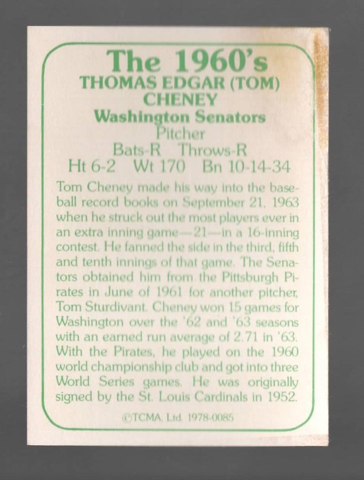 1978 TCMA The 1960's Tom Cheney Washington Senators #85 Very Good ...
