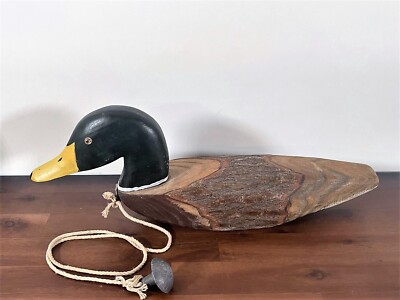 Vintage Hand Carved Mallard Duck Decoy Lead Weight Primitive Tree Bark ...