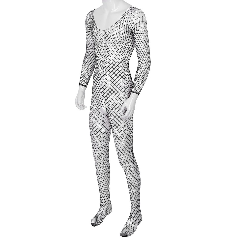 US Men's Fishnet Body Stocking Hollowed Out Crotchless Pantyhose Nylon ...