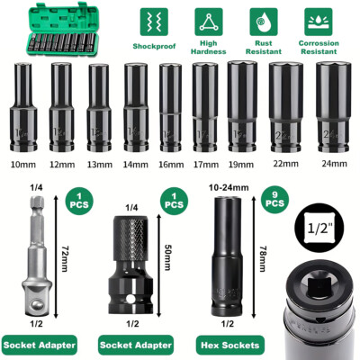 10x 1/2" Deep Impact Socket Set Drive Long Reach Thin Wall 10-24mm ...
