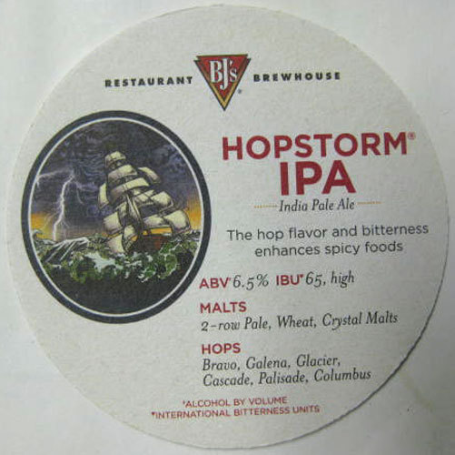 BJ's BREWHOUSE HOPSTORM IPA INDIA PALE ALE Beer COASTER Mat Brea ...