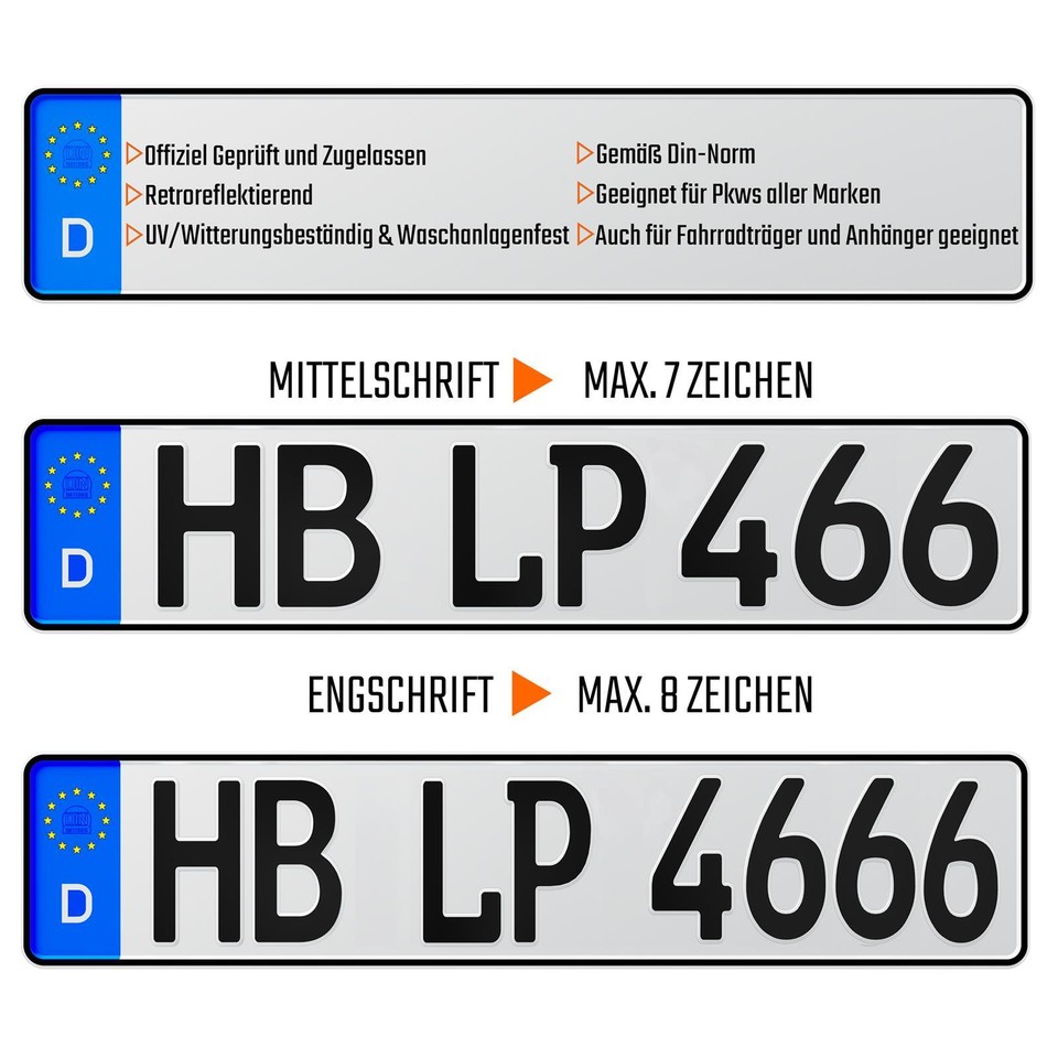 2x Kfz Kennzeichen 52x11cm Wunschkennzeichen zertifiziert PKW ...