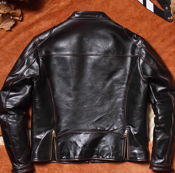 Men's Stand Collar Motorcycle Jacket Tea Core Horse Leather New Short ...