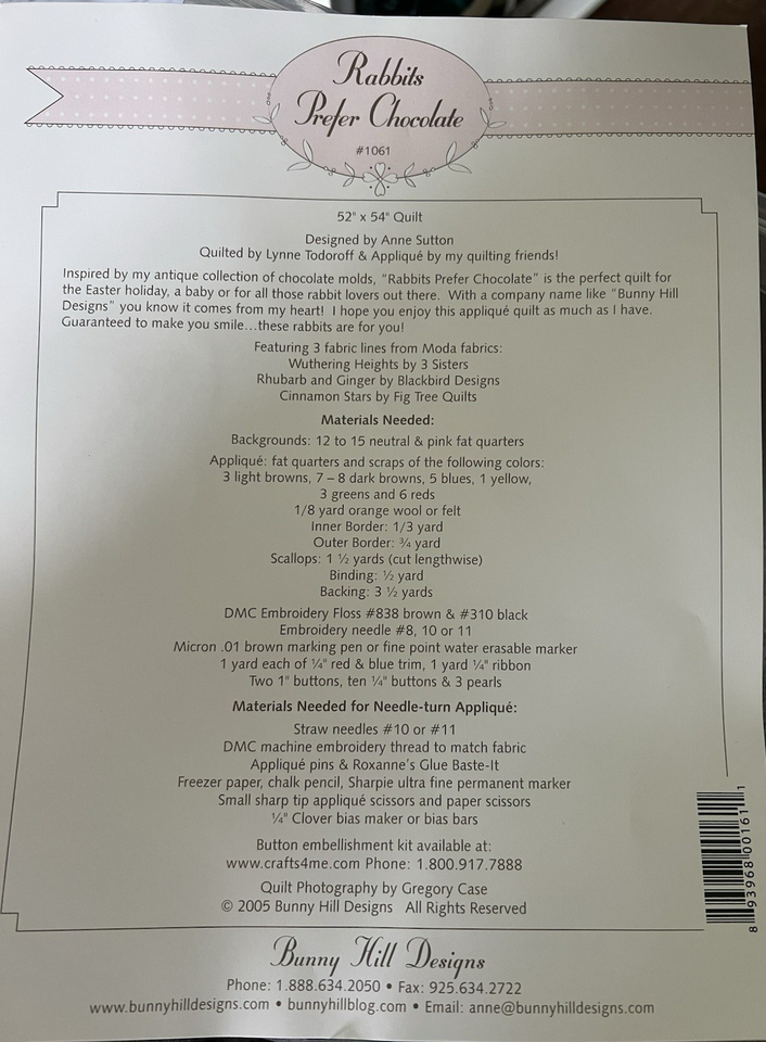 Bunny Hill Designs Rabbits Prefer Chocolate Block Month Quilt Kit ...