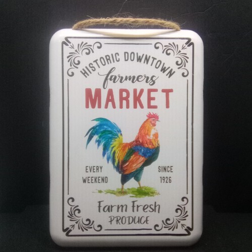 Farmers Market Rooster Wall Plaque Enamel Metal Jute Hanger Farm Fresh ...