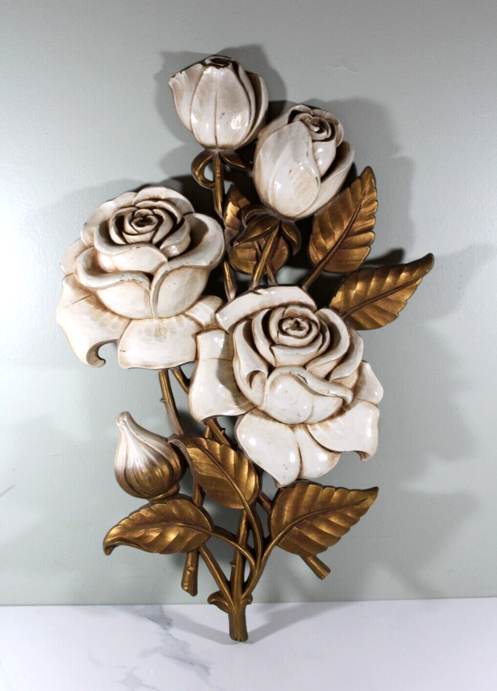 Syroco White Roses Flower 3D Wall Plaque Vtg A-4460 Gold Leaf Homco Art ...