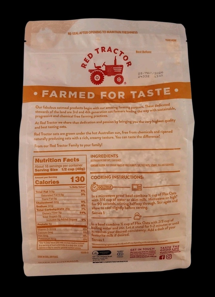 《NEW》Red Tractor Australian Creamy Style Instant Oats With Flax Flakes ...