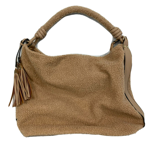 NWT Jen & Co Handbag Purse Beige Sherpa Vegan Leather Tassels Pockets ...