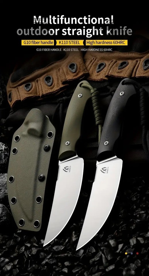 Black Huang Fu Fixed Blade Knife K110/D2 Steel 8.66" OAL with Kydex Sheath | eBay