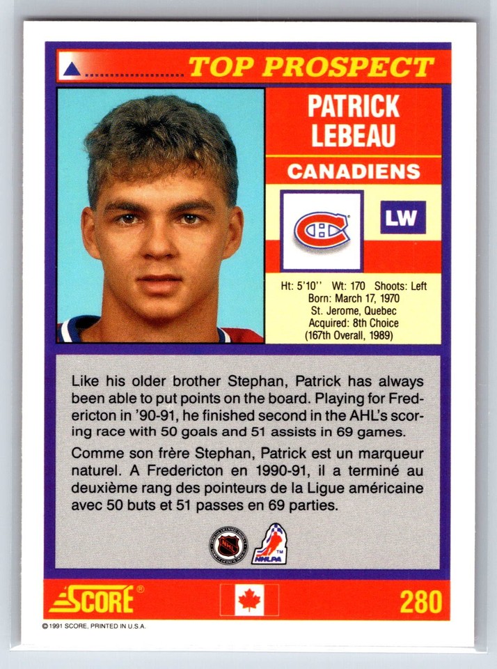 1991-92 Score Canadian Bilingual Patrick Lebeau Rookie Canadiens RC ...