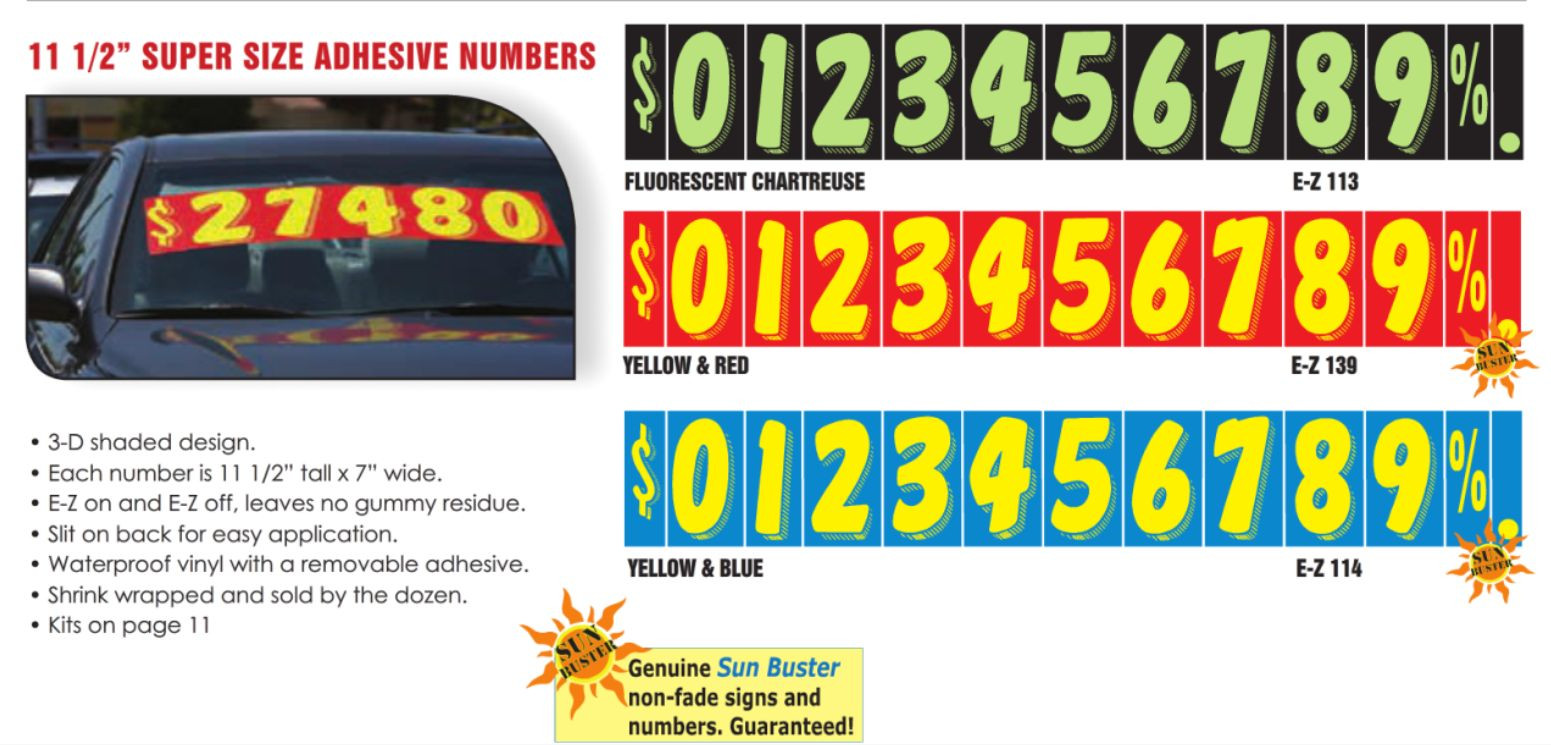 Car Dealer Number Stickers, 11 1/2 inch, E-Z Line, 50 packs, Car Lot ...