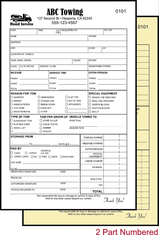 Towing Invoices - Receipts - Custom Printed - 2 part NCR Road Service ...