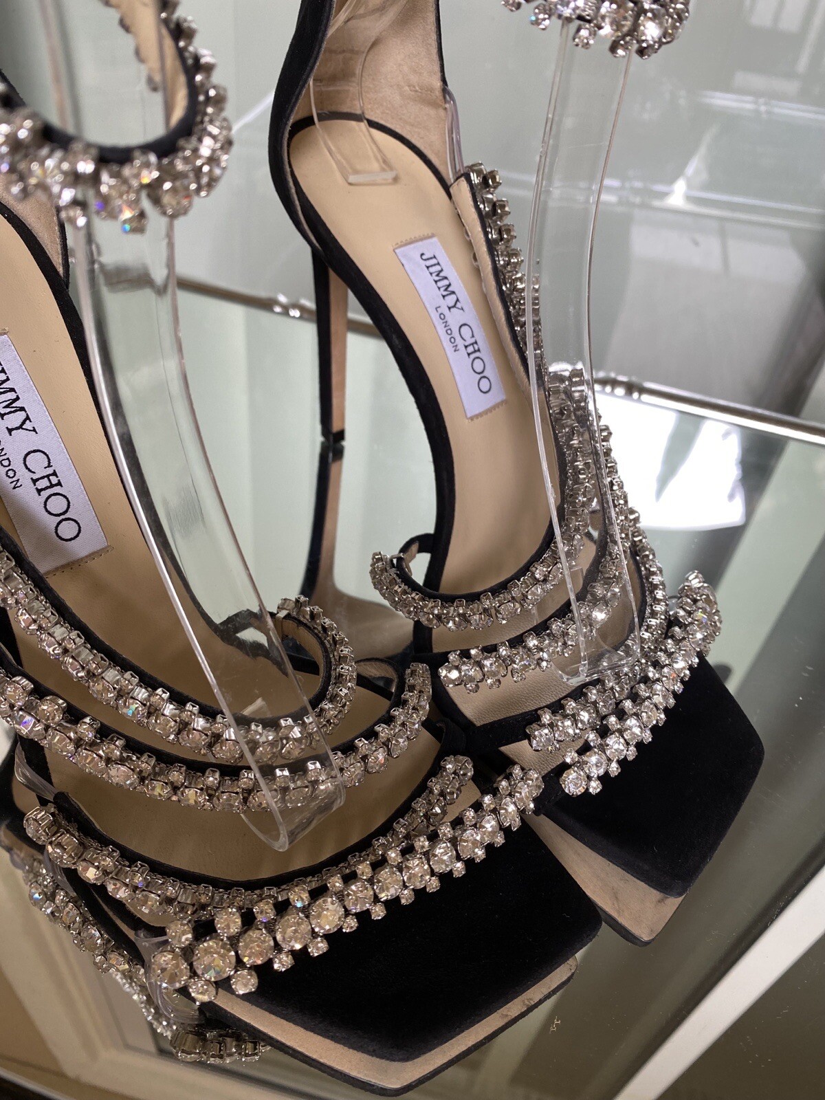 JIMMY CHOO Josefine Crystal Strappy Stiletto Sandals,… - Gem