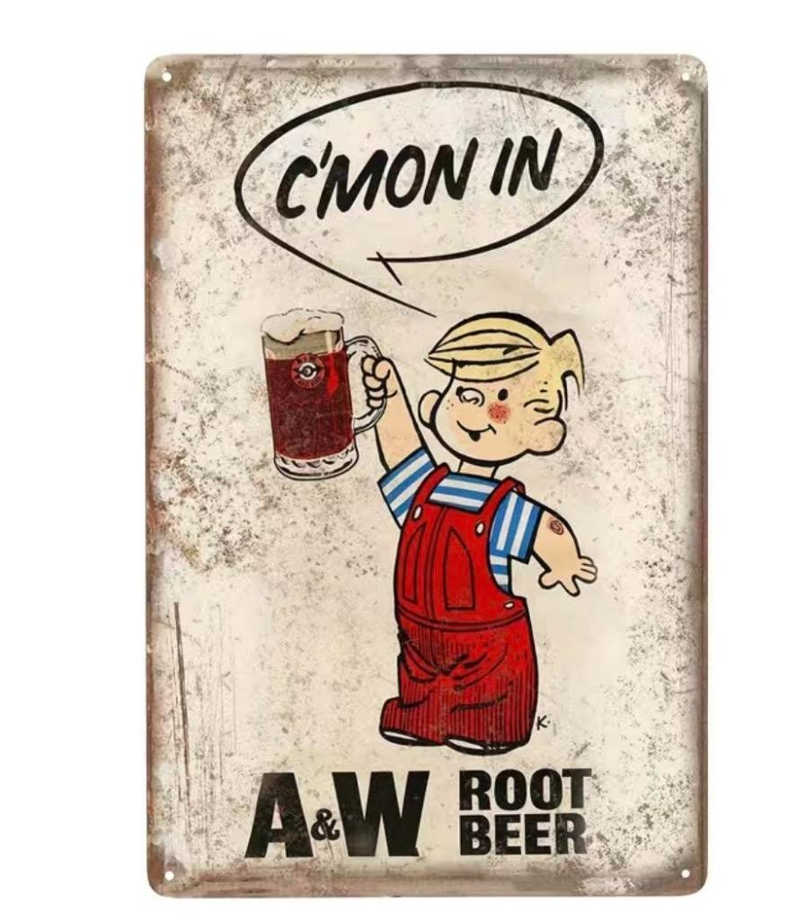 A & W ROOT BEER POP METAL TIN SIGN WALL ART DENNIS THE MENACE "C'MON ...